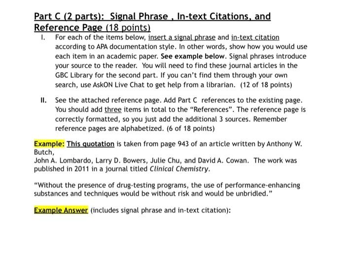 Part C (2 parts): Signal Phrase, In-text Citations, | Chegg.com