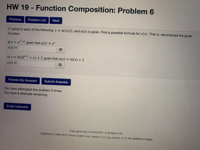 Solved HW 19 - Function Composition: Problem 6 Previous | Chegg.com