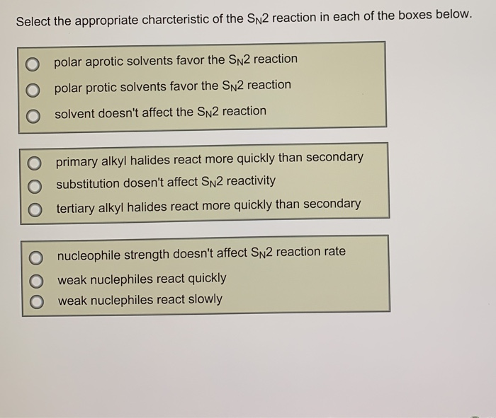 Solved Select the appropriate charcteristic of the Sn2 | Chegg.com
