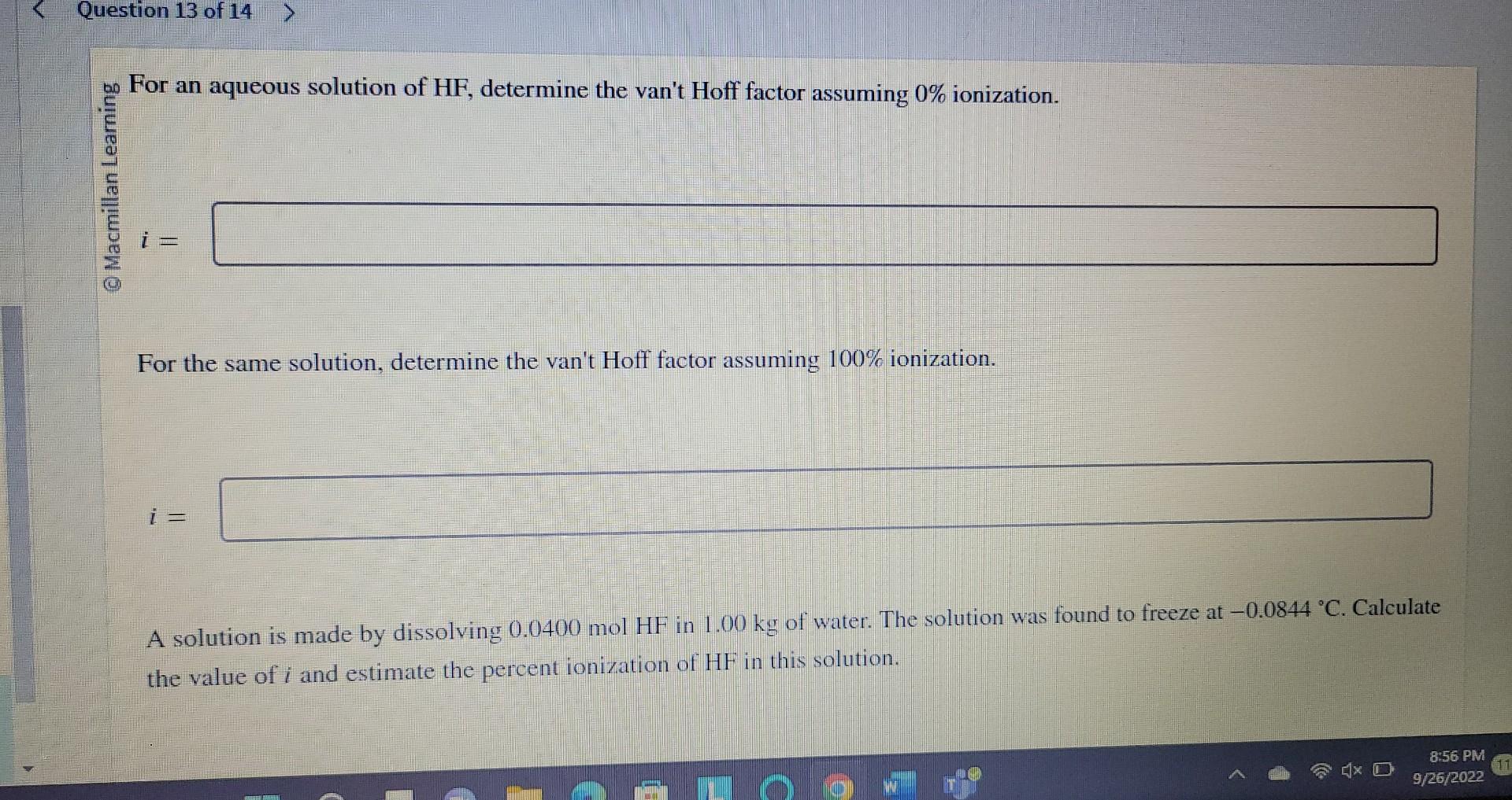 Solved For an aqueous solution of HF, determine the van't | Chegg.com