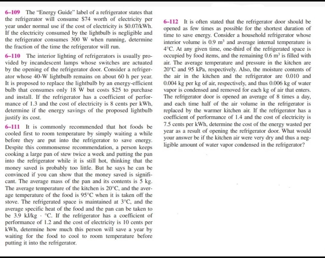 Solved 6-109 The "Energy Guide" label of a refrigerator | Chegg.com