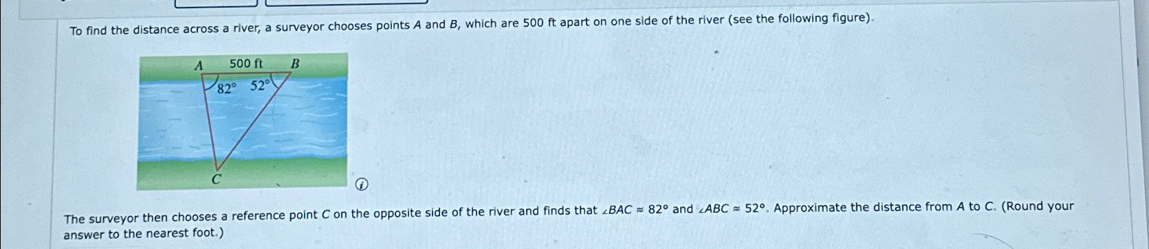 Solved To find the distance across a river, a surveyor | Chegg.com