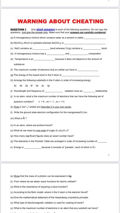 WARNING ABOUT CHEATING QUESTION 1 Give short answers | Chegg.com