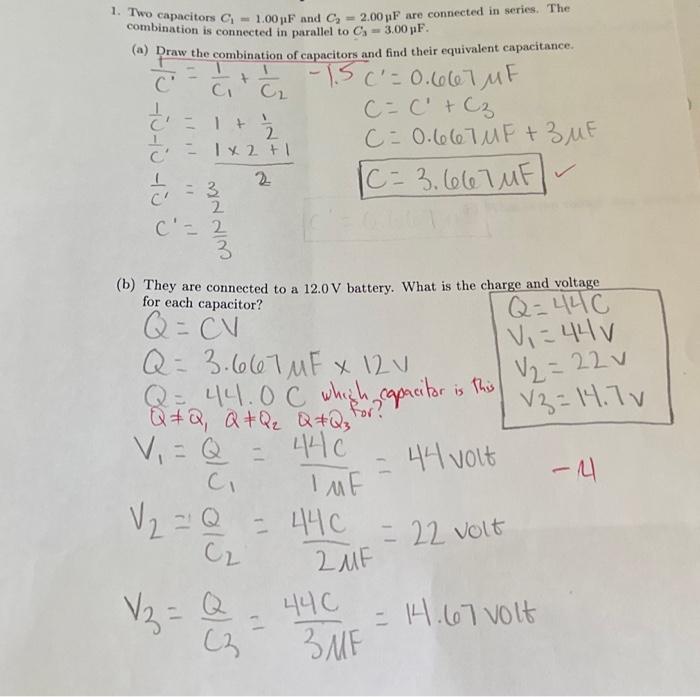 Solved 1. Two capacitors C1=1.00μF and C2=2.00μF are | Chegg.com