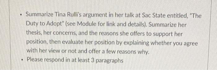 Solved Summarize Tina Rulli's argument in her talk at Sac | Chegg.com