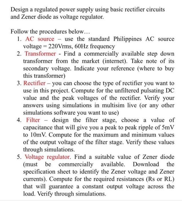 Solved Design a regulated power supply using basic rectifier | Chegg.com