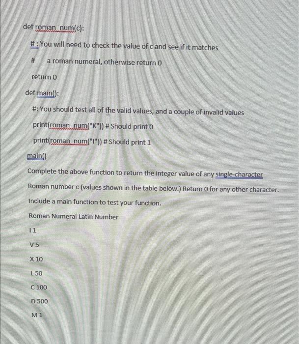 Solved Python on writing a roman function: complete the | Chegg.com