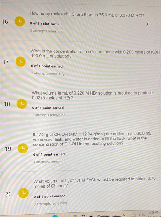Solved How many moles of HCl are there in 75.0 mL of 0.370 M | Chegg.com