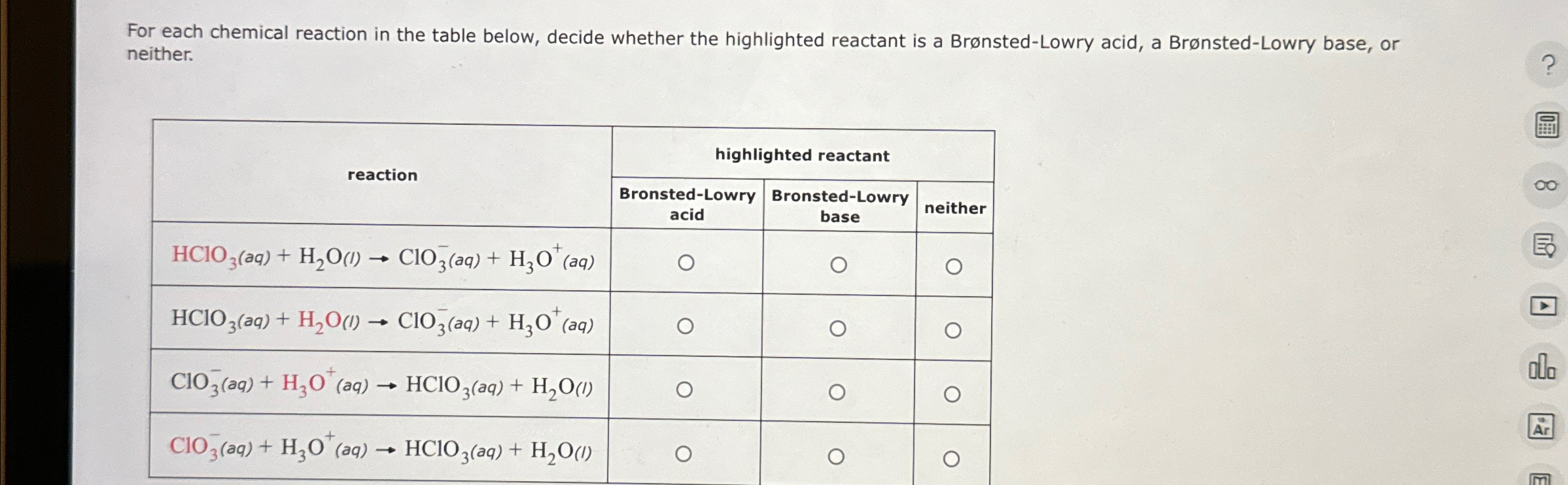 For each chemical reaction in the table below, decide | Chegg.com