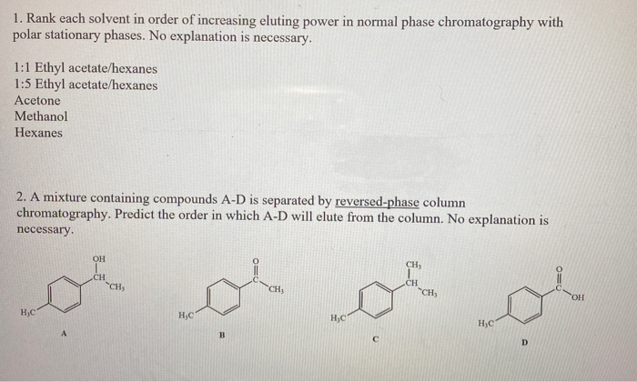 Solved 1. Rank each solvent in order of increasing eluting | Chegg.com