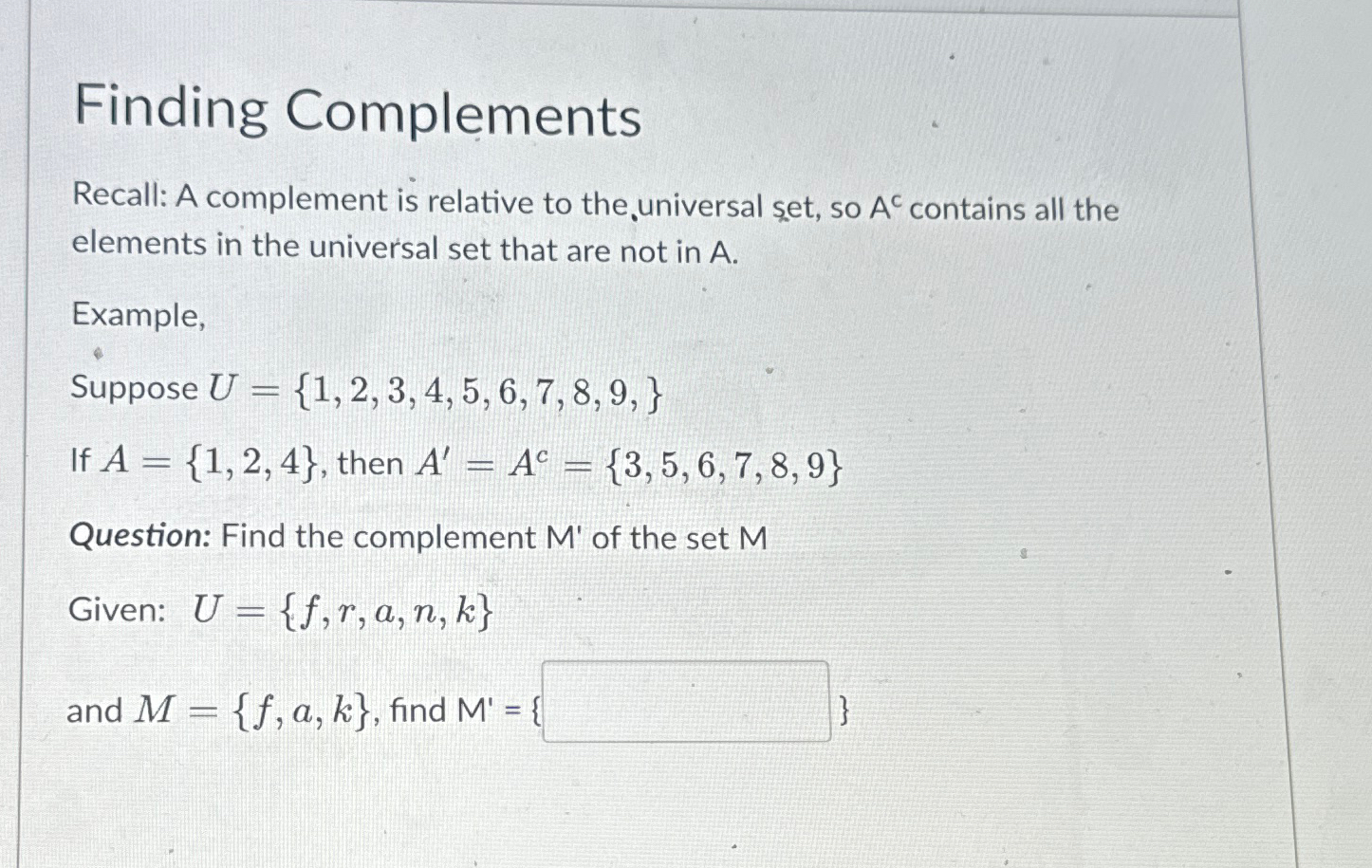 Solved Finding ComplementsRecall: A complement is relative | Chegg.com