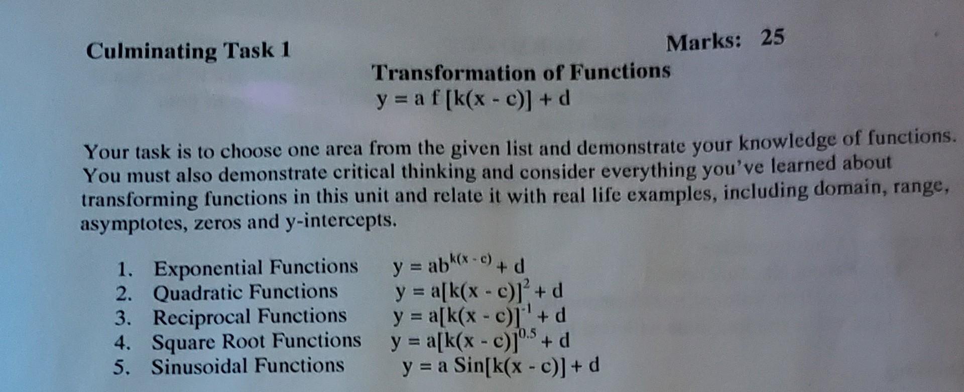 Solved Culminating Task 1 Marks: 25 Transformation of | Chegg.com