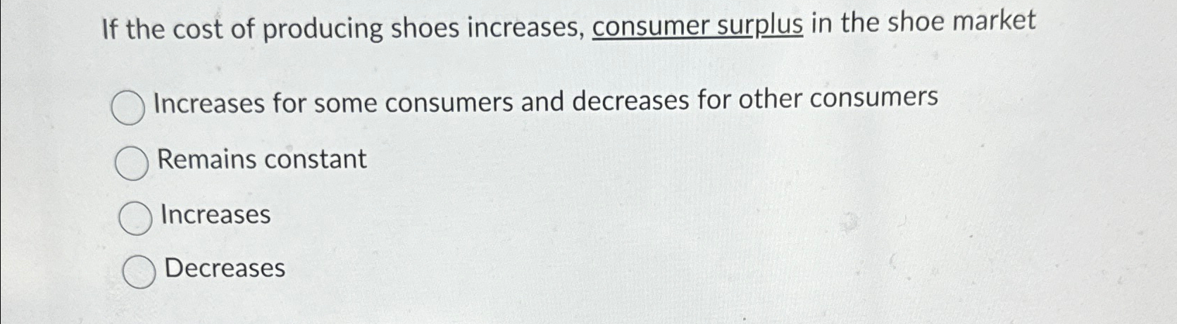 Solved If the cost of producing shoes increases, consumer | Chegg.com