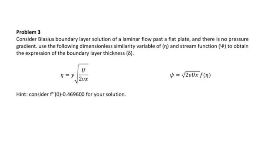 Solved Problem 3 Consider Blasius boundary layer solution of | Chegg.com