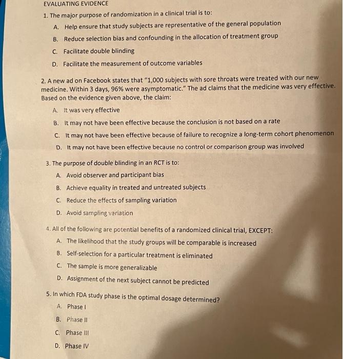 Solved 1. The major purpose of randomization in a clinical | Chegg.com