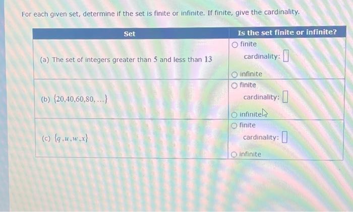 Solved For each given set, determine if the set is finite or | Chegg.com