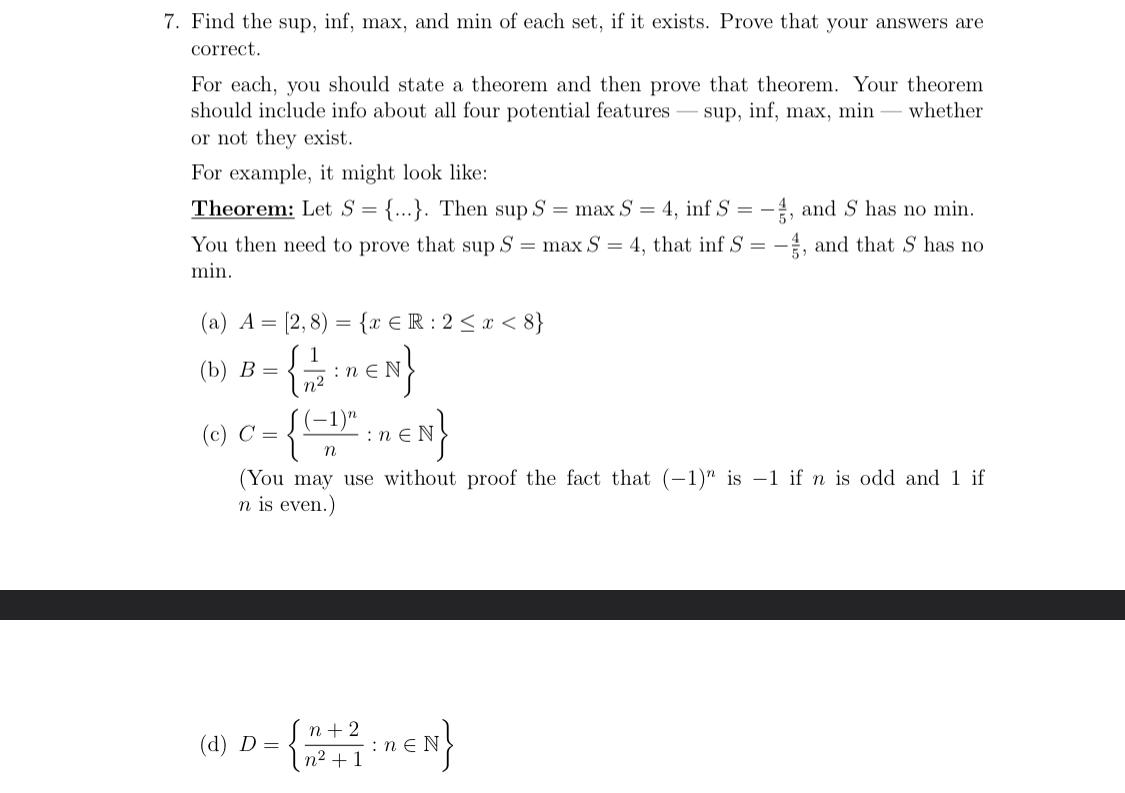 Solved Find the sup, inf, max, and min of each set, if it | Chegg.com