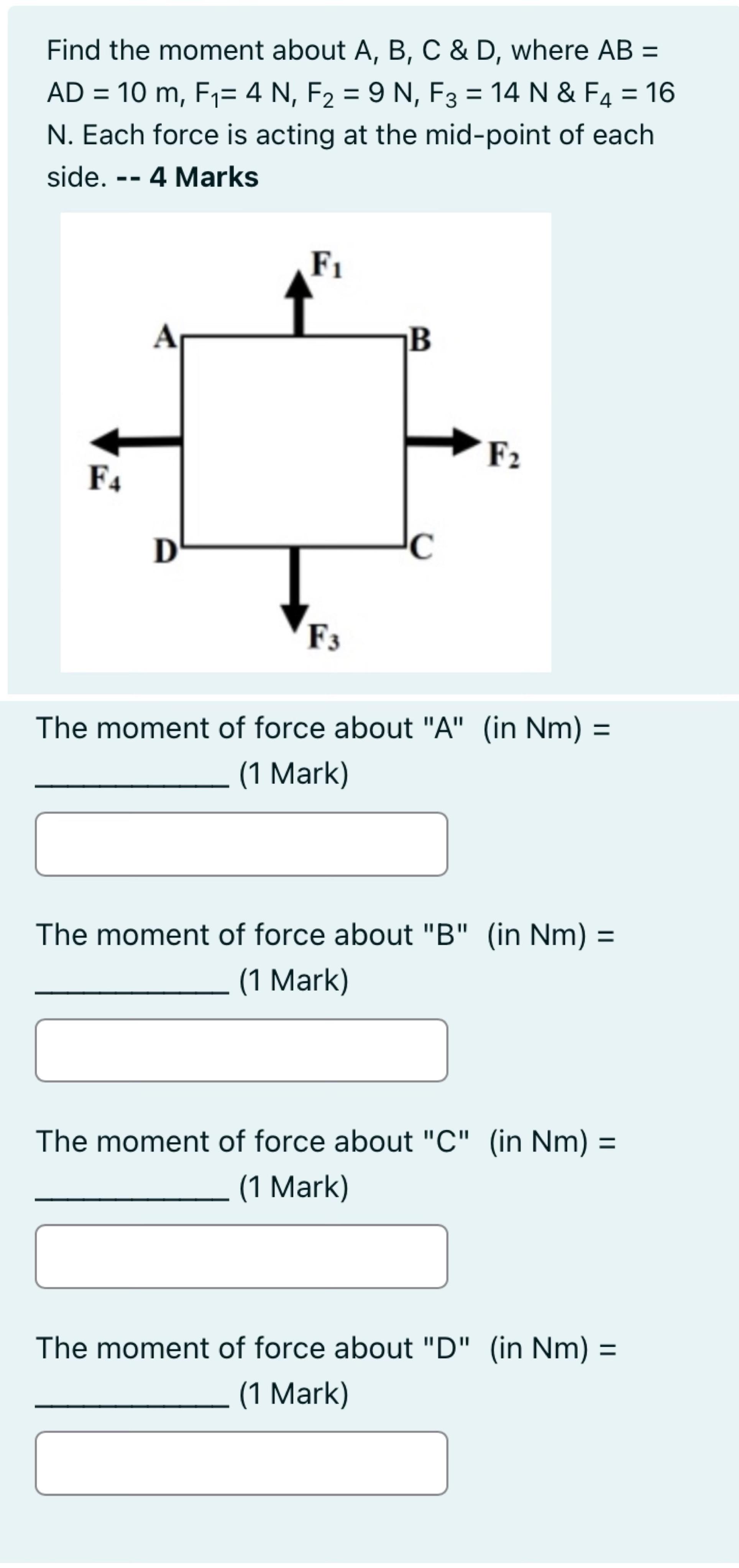 Solved Find the moment about A,B,C&D, ﻿where | Chegg.com
