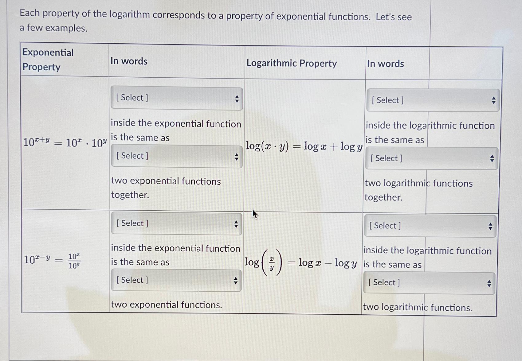 Solved Each property of the logarithm corresponds to a | Chegg.com