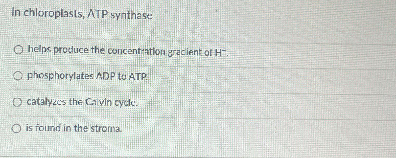 Solved In chloroplasts, ATP synthasehelps produce the | Chegg.com