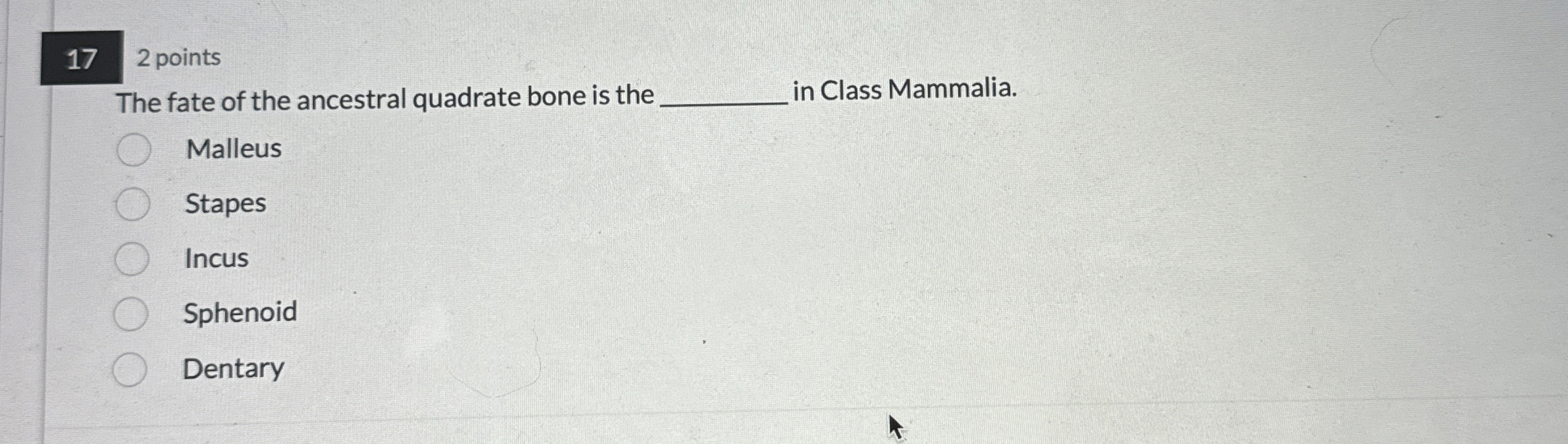 Solved 172 ﻿pointsThe fate of the ancestral quadrate bone is | Chegg.com