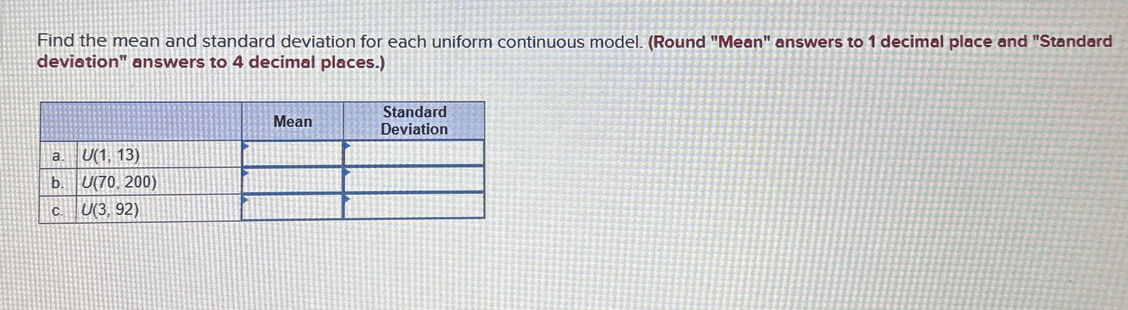 Solved Find the mean and standard deviation for each uniform | Chegg.com