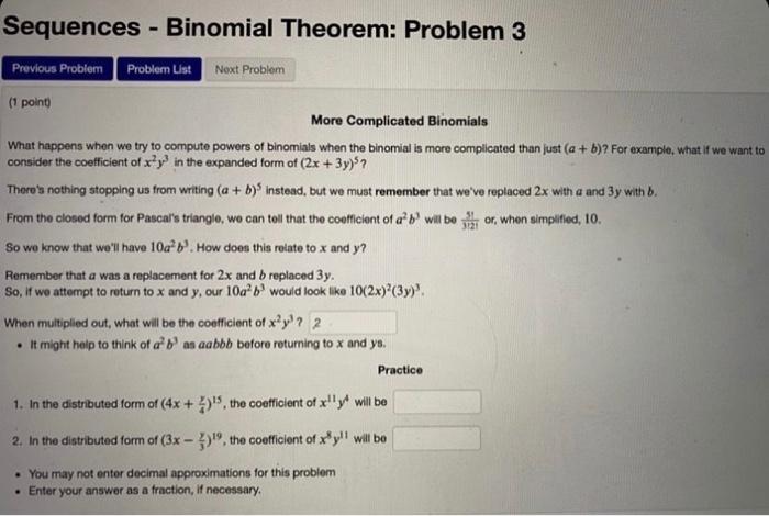 Solved х Sequences - Binomial Theorem: Problem 3 Mon | Chegg.com