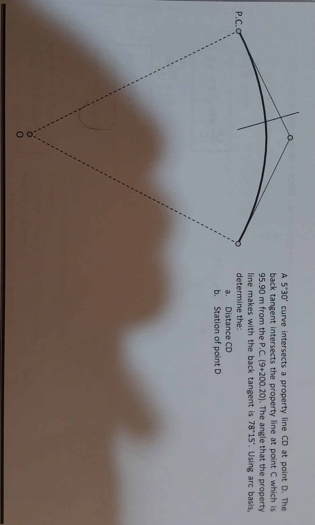 Solved A 5°30' ﻿curve intersects a property line CD at point | Chegg.com