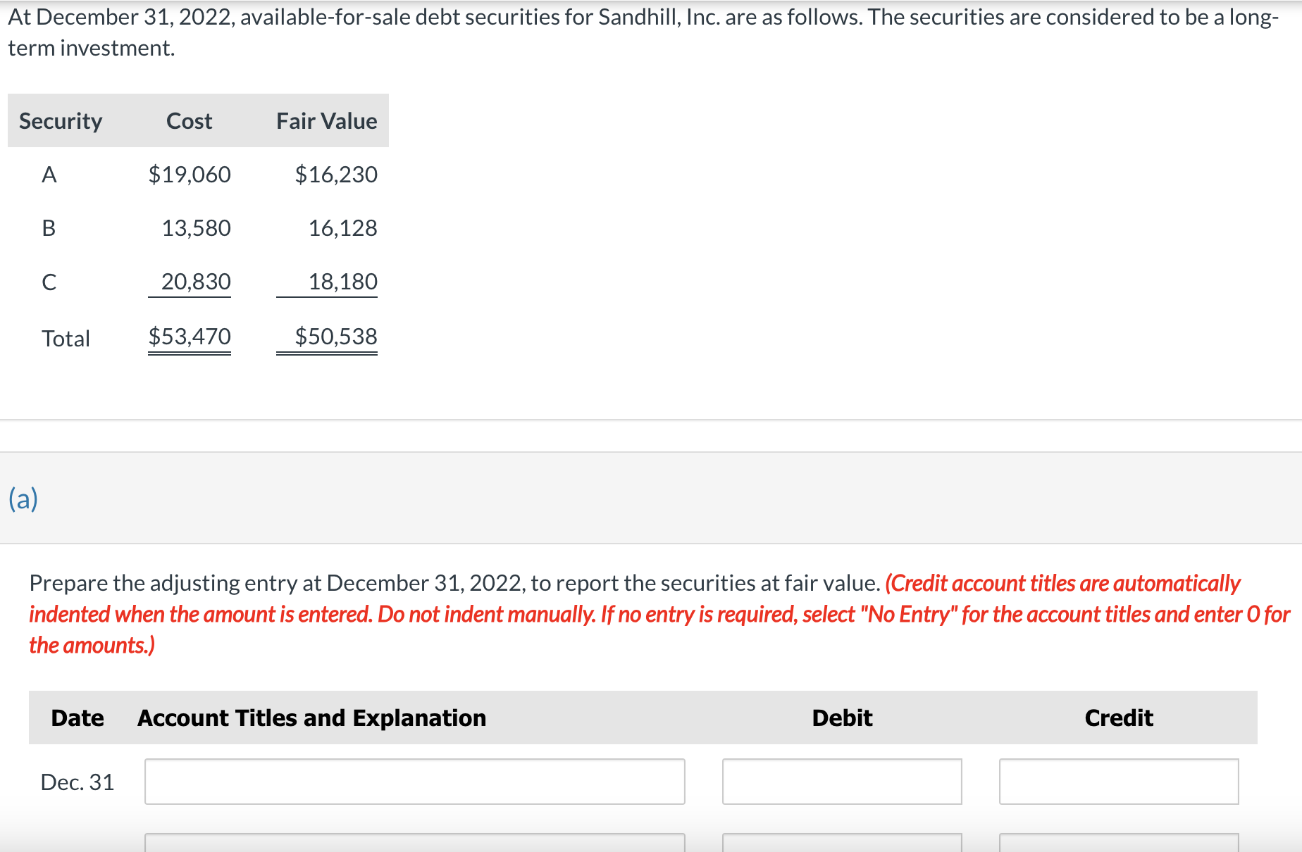 Solved At December 31, 2022, ﻿available-for-sale debt | Chegg.com