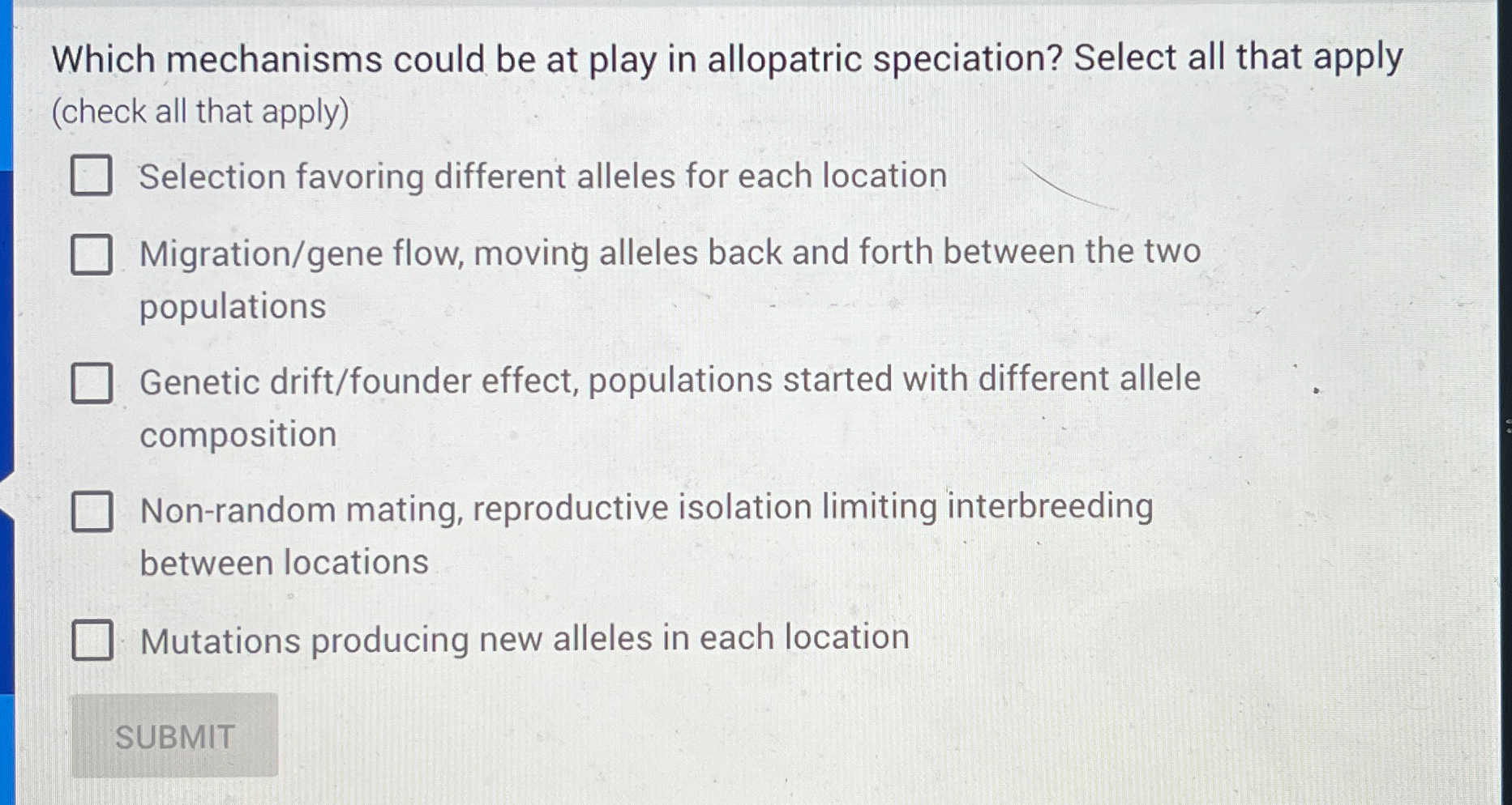 Solved Which mechanisms could be at play in allopatric | Chegg.com