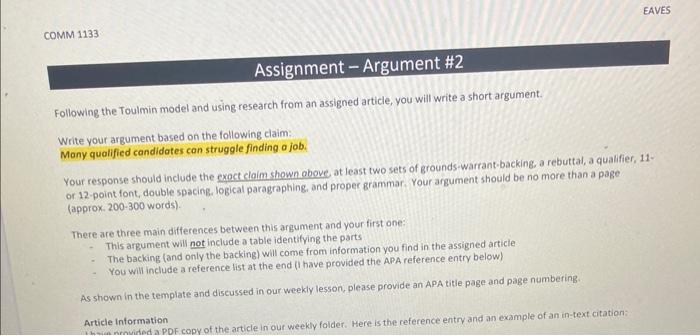 COMM 1133- EAVES Assignment - Argument #2 Following | Chegg.com