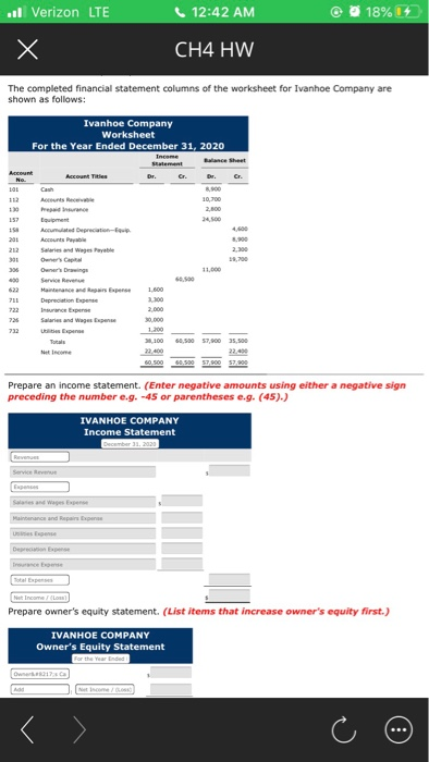 Solved .. Verizon LTE 12:42 AM @ 18% Х CH4 HW The completed | Chegg.com