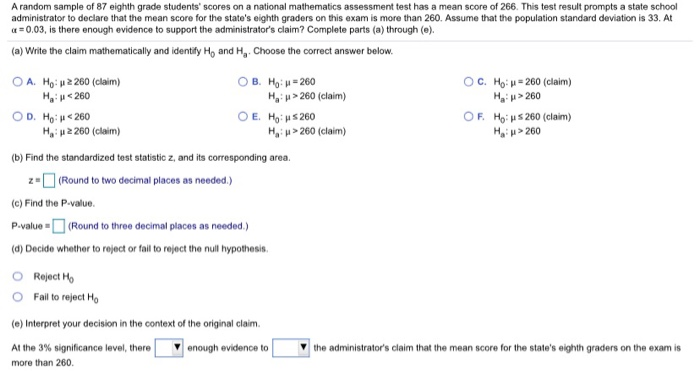 Solved A random sample of 87 eighth grade students' scores | Chegg.com
