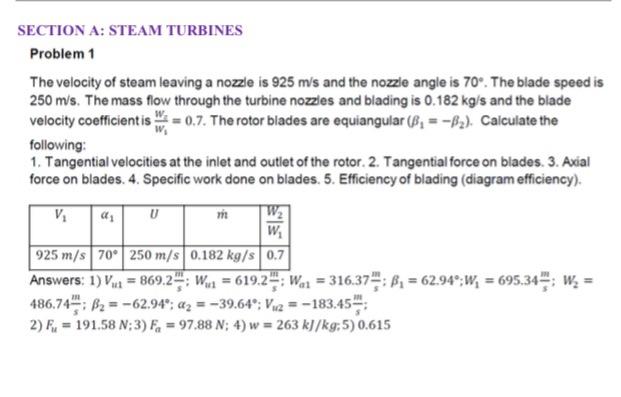 Solved The velocity of steam leaving a nozzle is 925 m/s and | Chegg.com