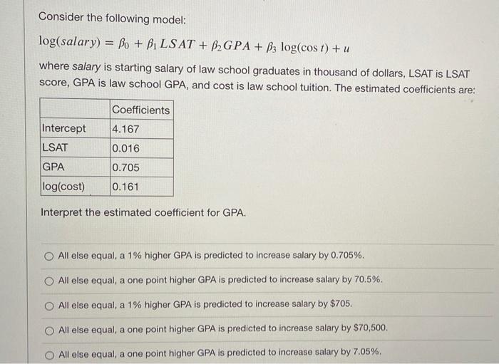 Solved Consider the following model: log(salary) = Bo + | Chegg.com