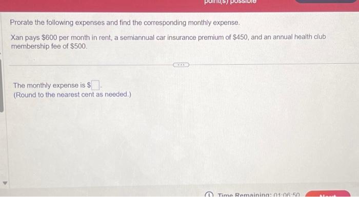 Solved point(s) Prorate the following expenses and find the | Chegg.com