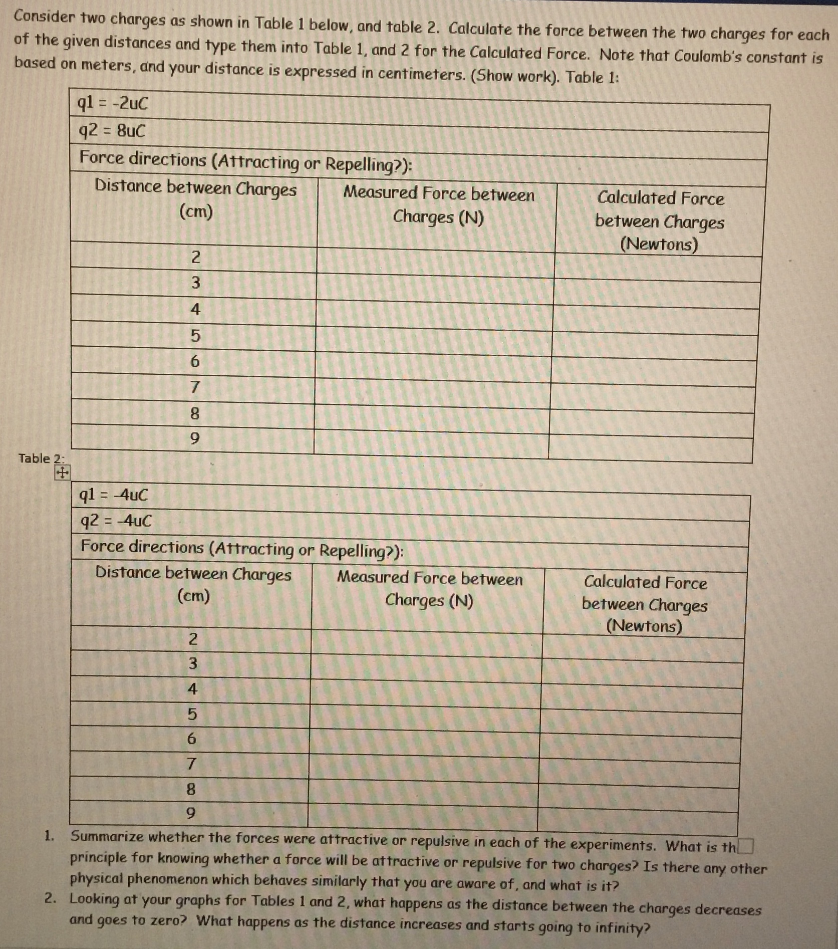 Consider two charges as shown in Table 1 ﻿below, and | Chegg.com