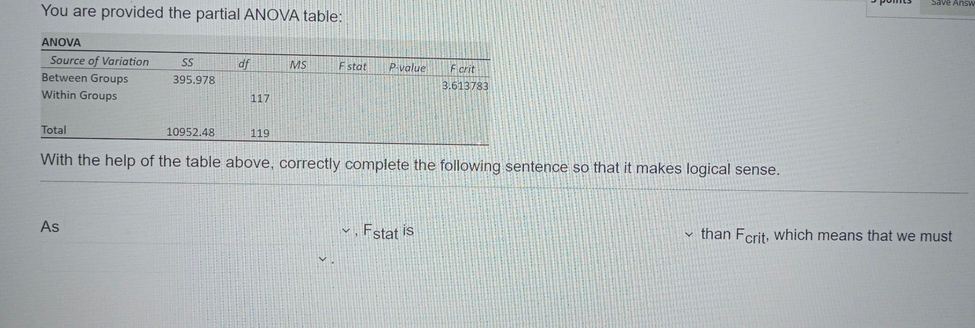 Solved Save Answ You are provided the partial ANOVA table: | Chegg.com