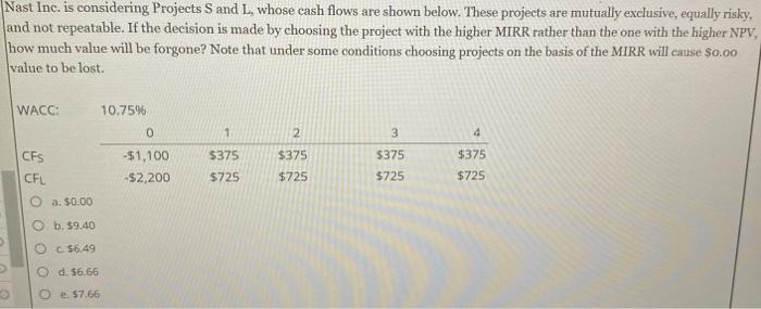 Solved Nast Inc. is considering Projects S and L, whose cash | Chegg.com