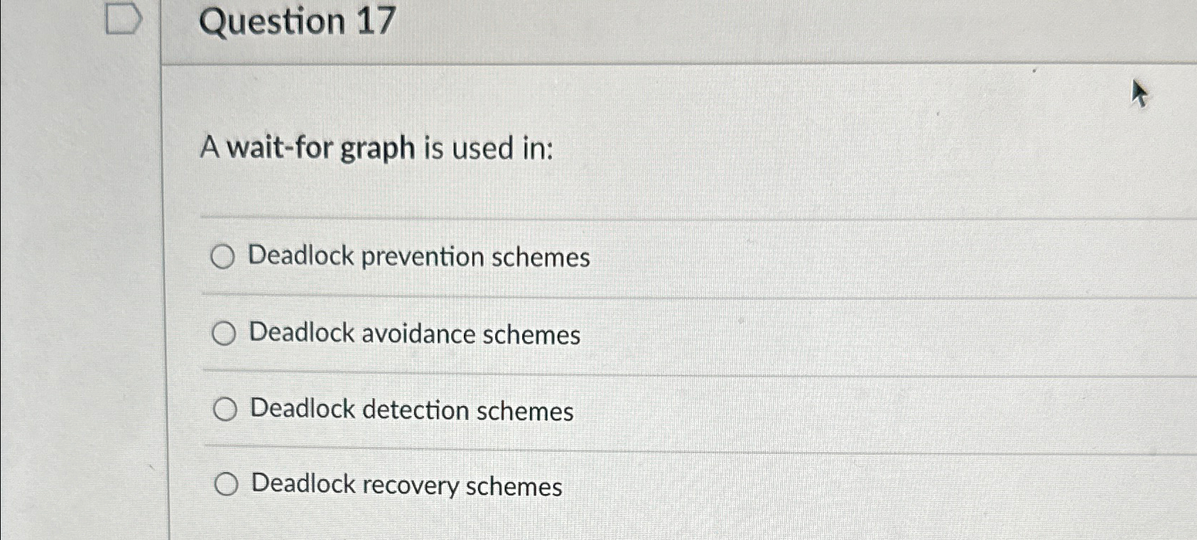 Solved Question 17A wait-for graph is used in:Deadlock | Chegg.com Solved Question 17A wait-for graph is used in:Deadlock | Chegg.com