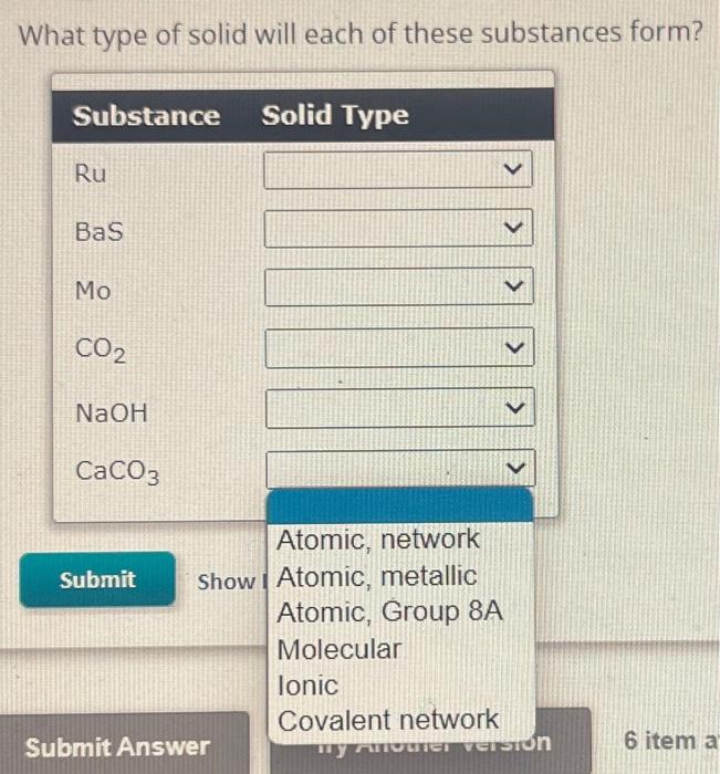 Solved What type of solid will each of these substances | Chegg.com