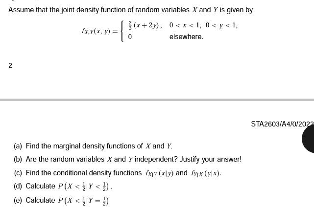 Solved Assume that the joint density function of random | Chegg.com