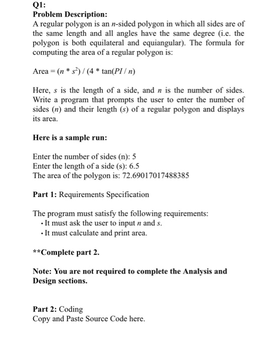 Solved Q1: Problem Description: A regular polygon is an | Chegg.com