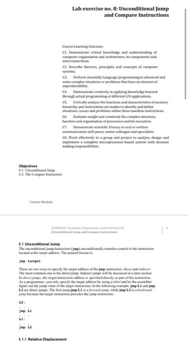 Solved Lab exercise no. 8: Unconditional Jump and Compare | Chegg.com