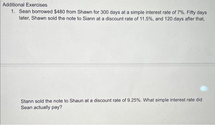 Solved Additional Exercises 1. Sean borrowed $480 from Shawn | Chegg.com