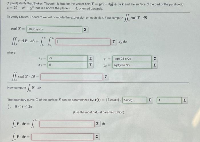(1 point) Verify that Stokes' Theorem is true for the | Chegg.com