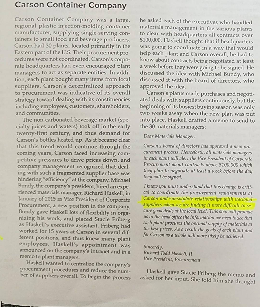 Solved 1. What problems does Carson Container Company have | Chegg.com