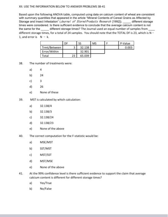 Solved XII. USE THE INFORMATION BELOW TO ANSWER PROBLEMS | Chegg.com