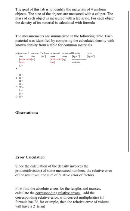 Solved The goal of this lab is to identify the materials of | Chegg.com