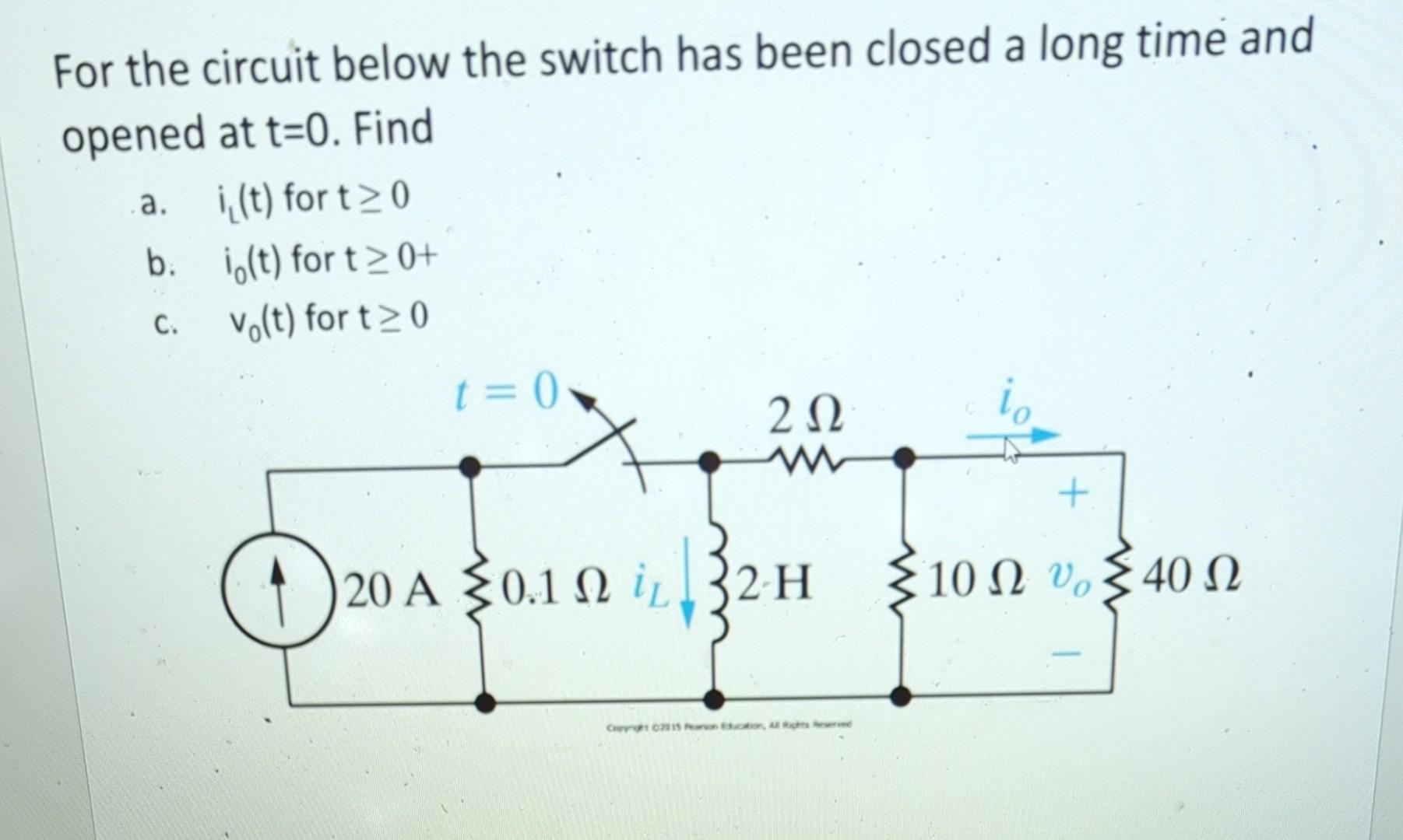 Solved For the circuit below the switch has been closed a | Chegg.com